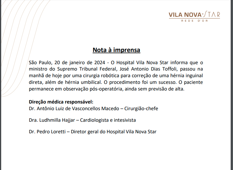 Ministro do STF Dias Toffoli passa por cirurgia de hérnia em São Paulo ... Ministro do STF Dias Toffoli passa por cirurgia de hérnia em São Paulo ...