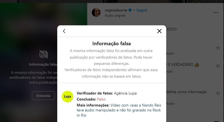 Regina Duarte posta fake news contra Nando Reis e é advertida por rede ...